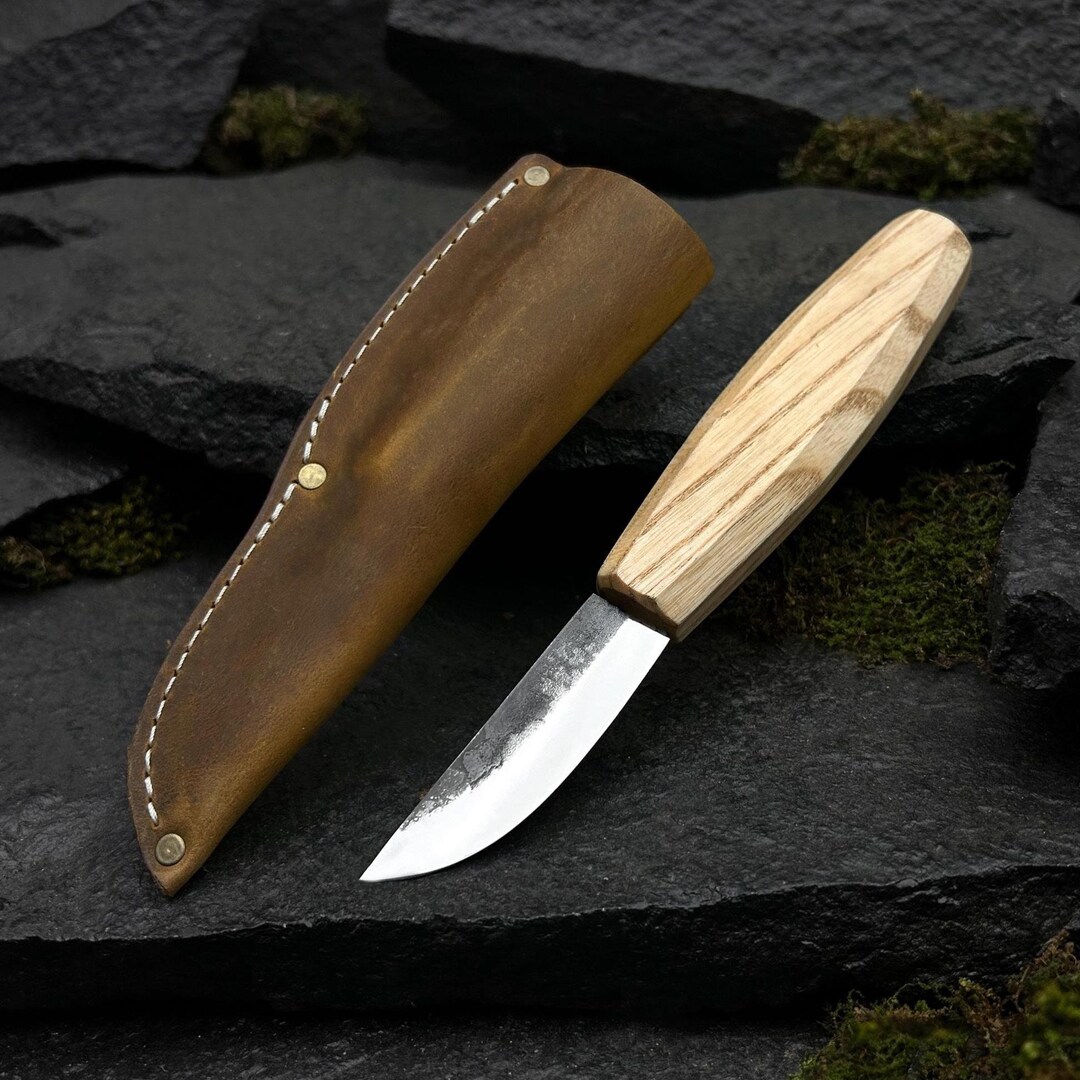 Hand-forged Sloyd Knife: 52100 Carbon Steel Blade, Ash Handle & Leather ...