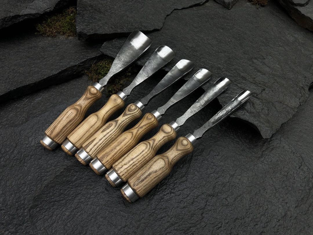 Set of 6 Forged Wood Carving Gouges - 52100 Steel Blades, Ash Wood ...