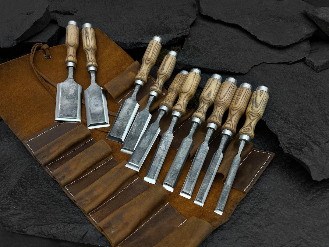 Hand-forged Bevel Edge Chisel Set: 52100 Steel, Ash Handles, Leather ...