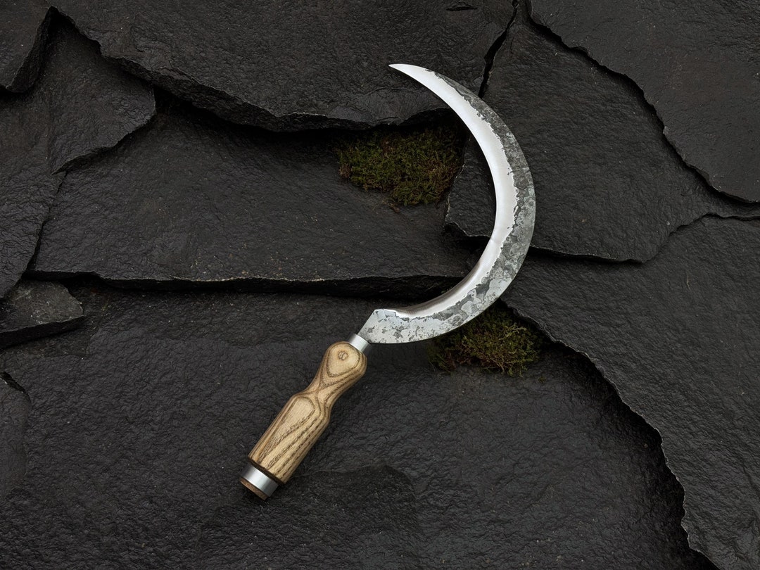 Forged Big Sickle - 52100 Steel Blade, Ash Wood Handle, Leather Sheath ...