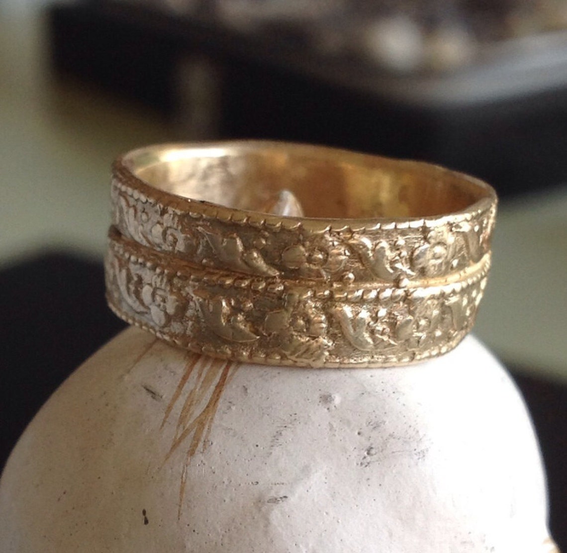 Rustic Patterned Gold Ring Wide Gold Ring - Dig - Etsy