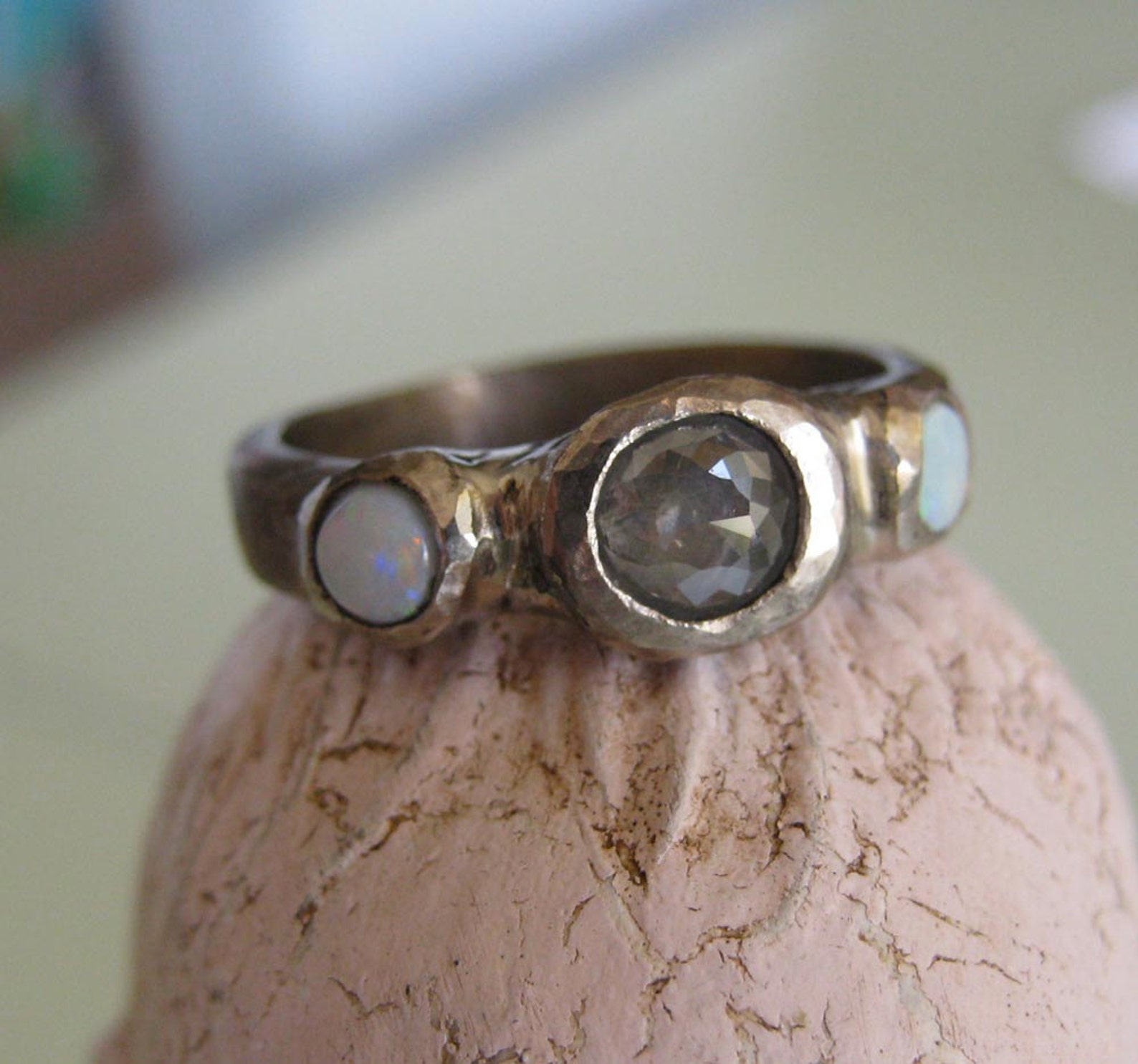 Oxidized White Gold Ring Rose Cut Diamond Rustic Band Opal - Etsy