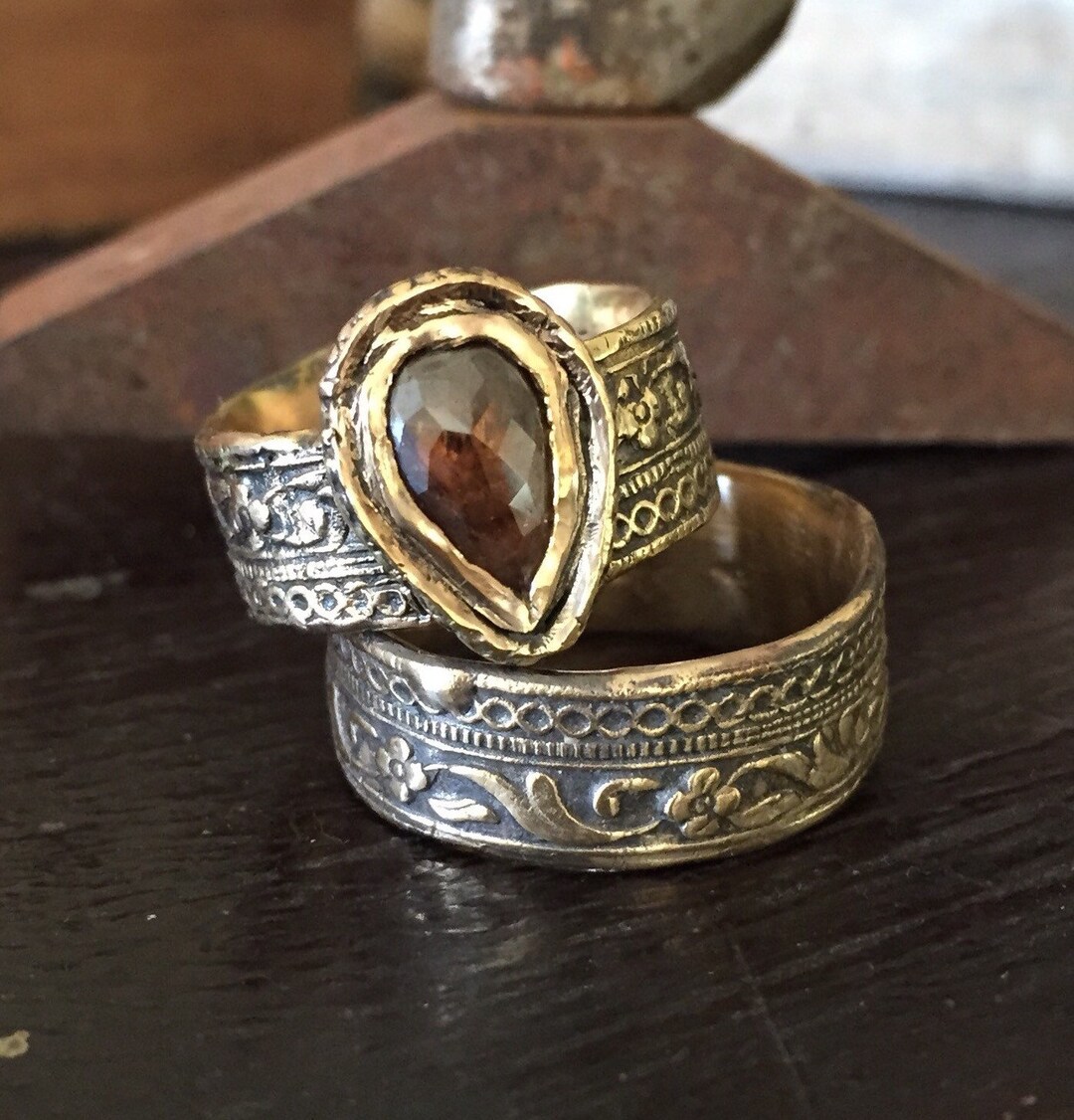 Patterned 14k Gold Wedding Rings Distressed Gold Blackened Gold Rings ...