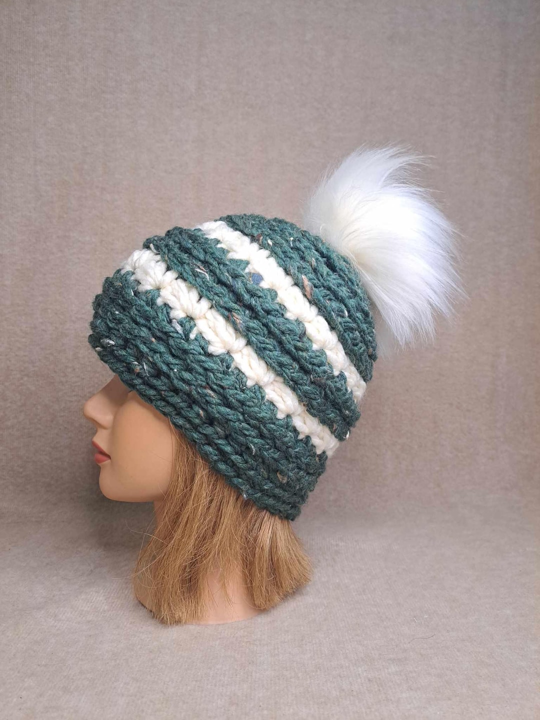 Ladies Crochet Wool Blend Starflake Beanie Hat in Green and Cream With ...