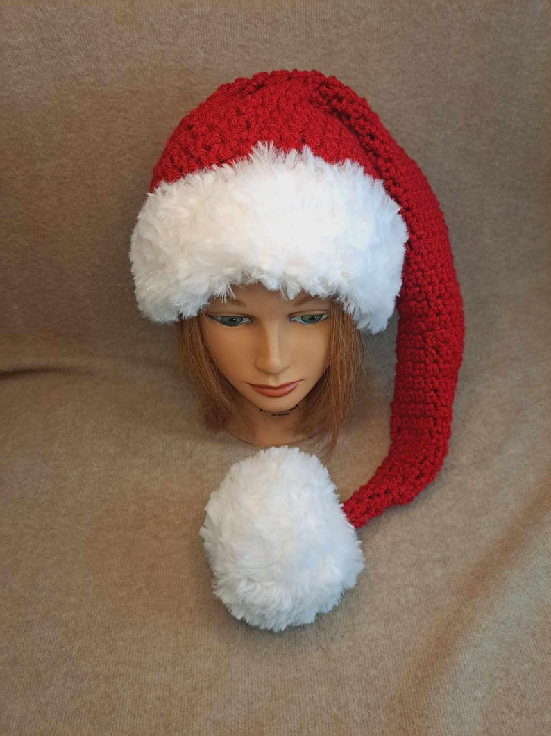 Ladies Crochet Santa Stocking Hat With White Faux Fur and Pom - Etsy
