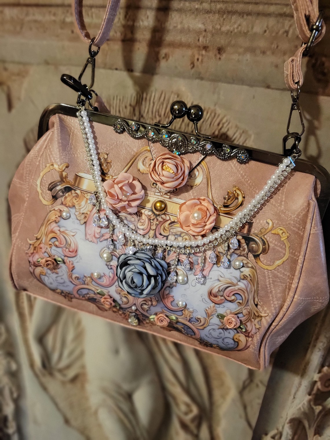 Shabby Chic/baroque Style Bag With Roses Made of Fabric, Hand-decorated ...