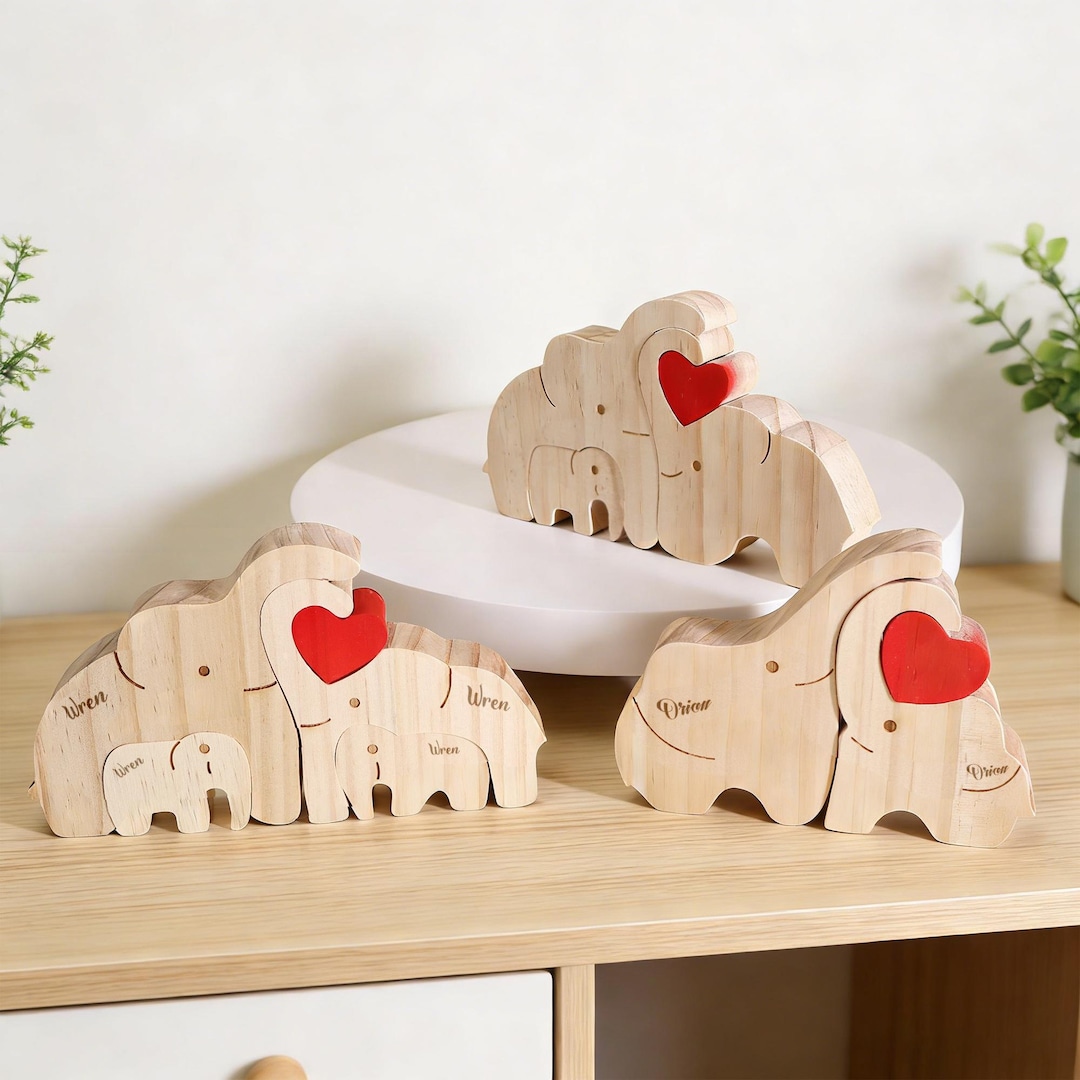 Personalized Wooden Elephant Family Set, Custom Name Engraved Wood ...