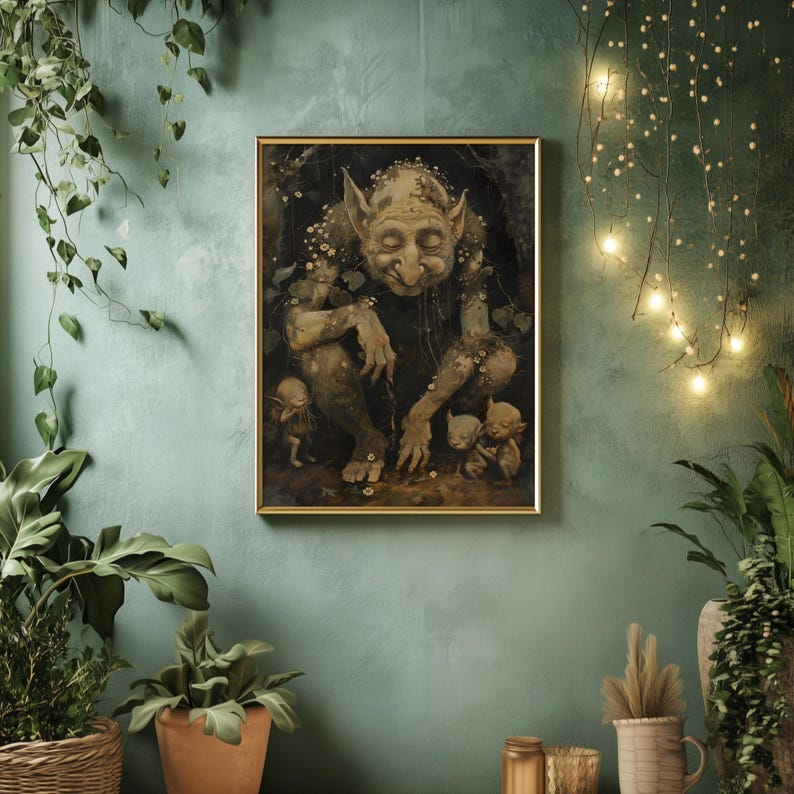 Swedish Folklore Troll Mother & Cubs Print, Dark Enchanted Forest Art ...