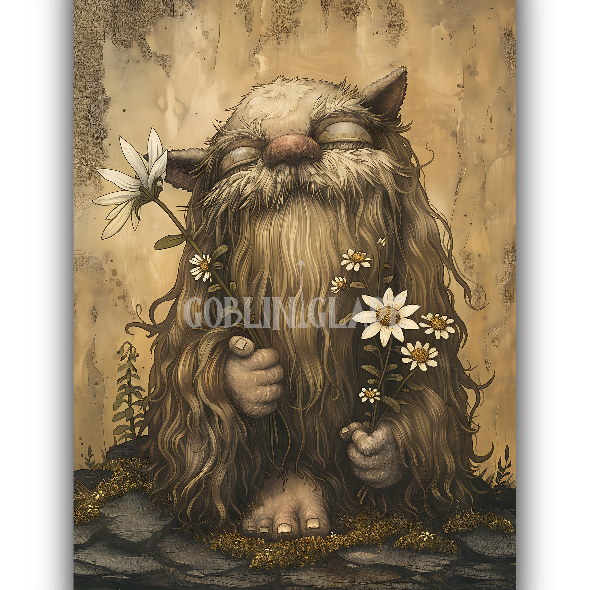 Troll Wall Art Printable Painting Elf Whimsical Gnome Folklore Flower ...