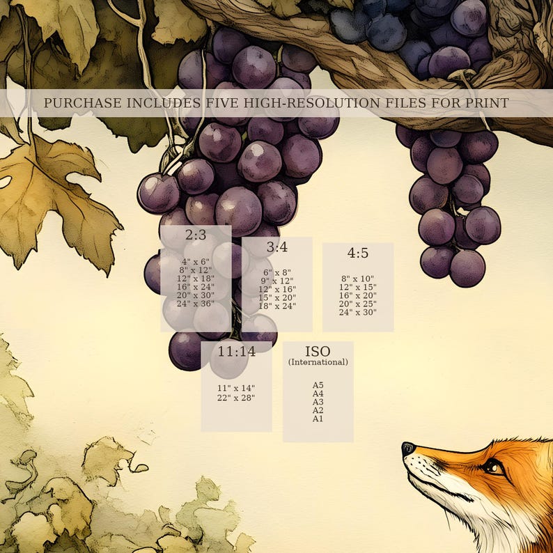 Fox and the Grapes - Printable Wall Art Aesop's Fables Animal Poster ...