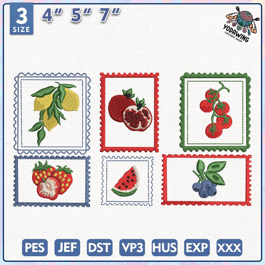 Postage Stamps Embroidery Design, Summer Fruit Stamps Embroidery Design ...