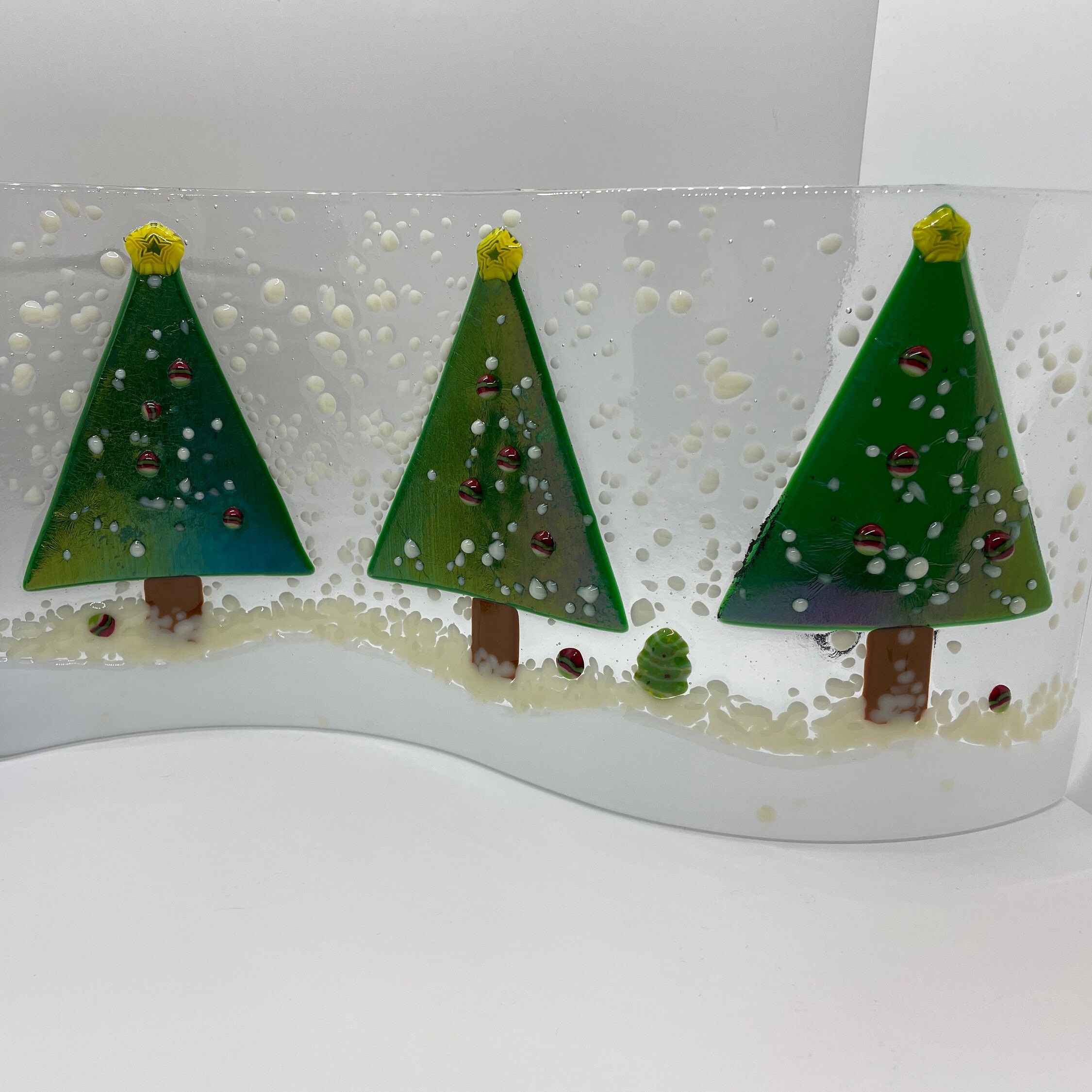 Curved Fused Glass Winter Scene Panel With Iridescent Christmas Trees ...