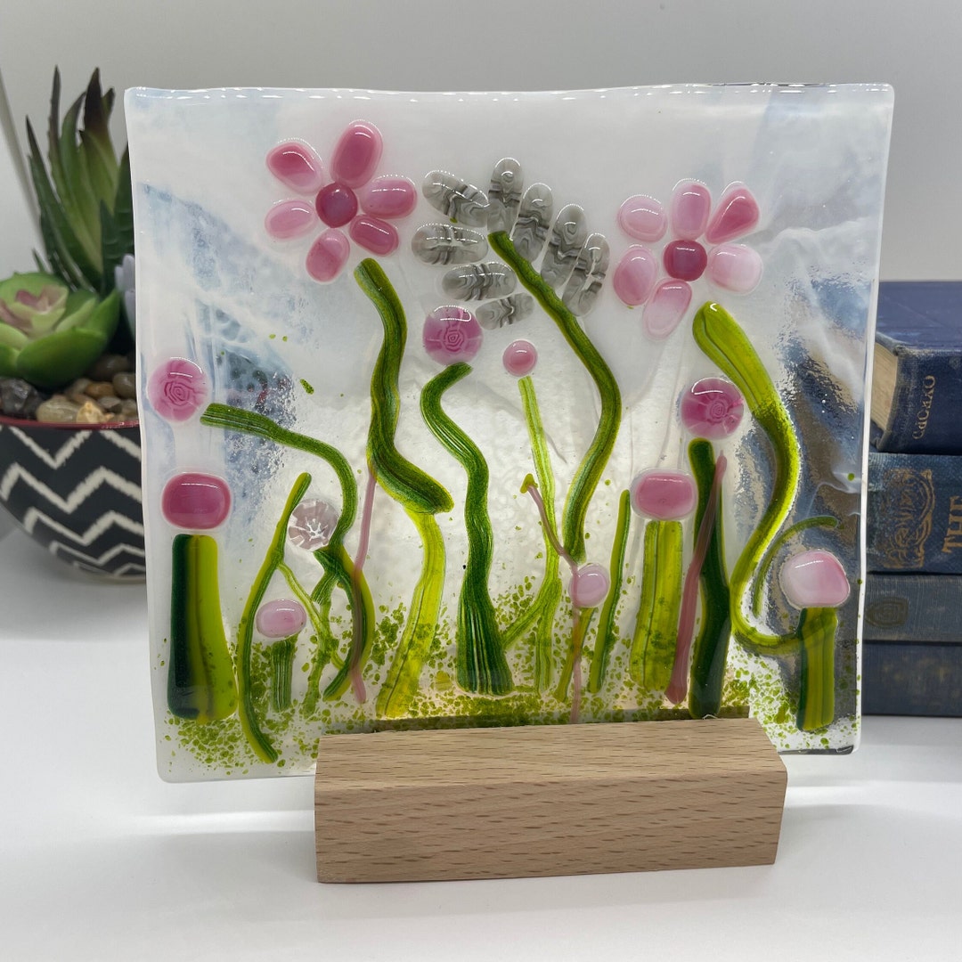Fused Glass Flower Garden With Wooden Stand, Fused Glass Nature Panel ...