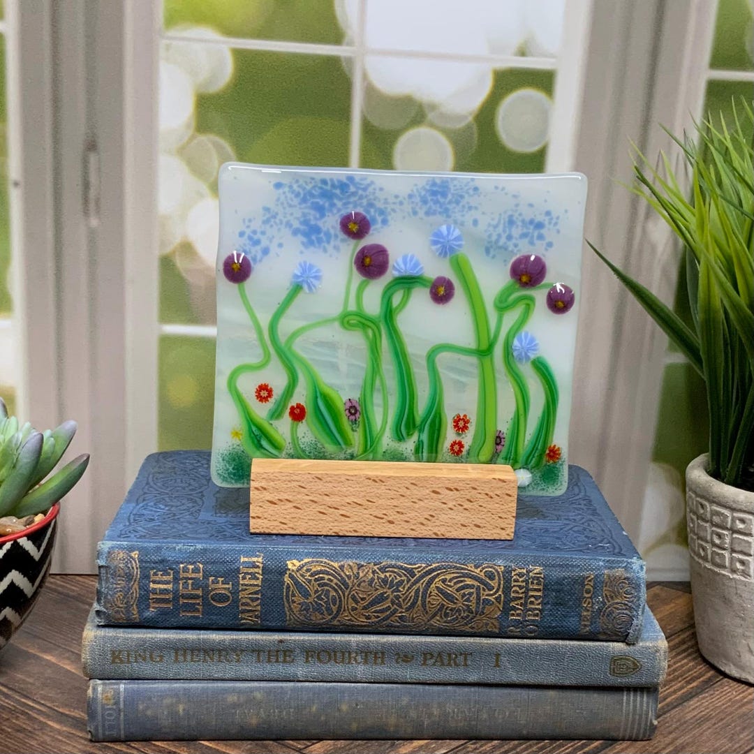 Fused Glass Panel With Wood Block Stand – Purple Flowers & Mixed ...