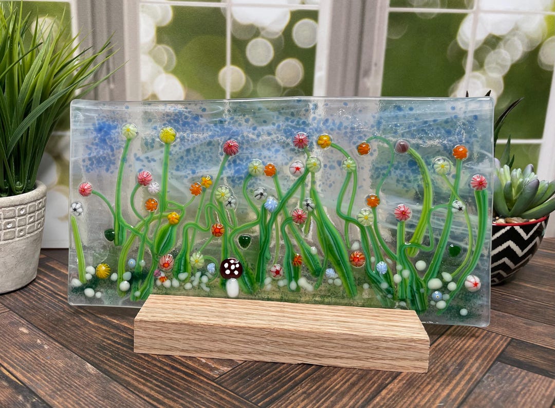 Fused Glass Panel With Wood Block Stand – Colorful Flowers & Mixed ...