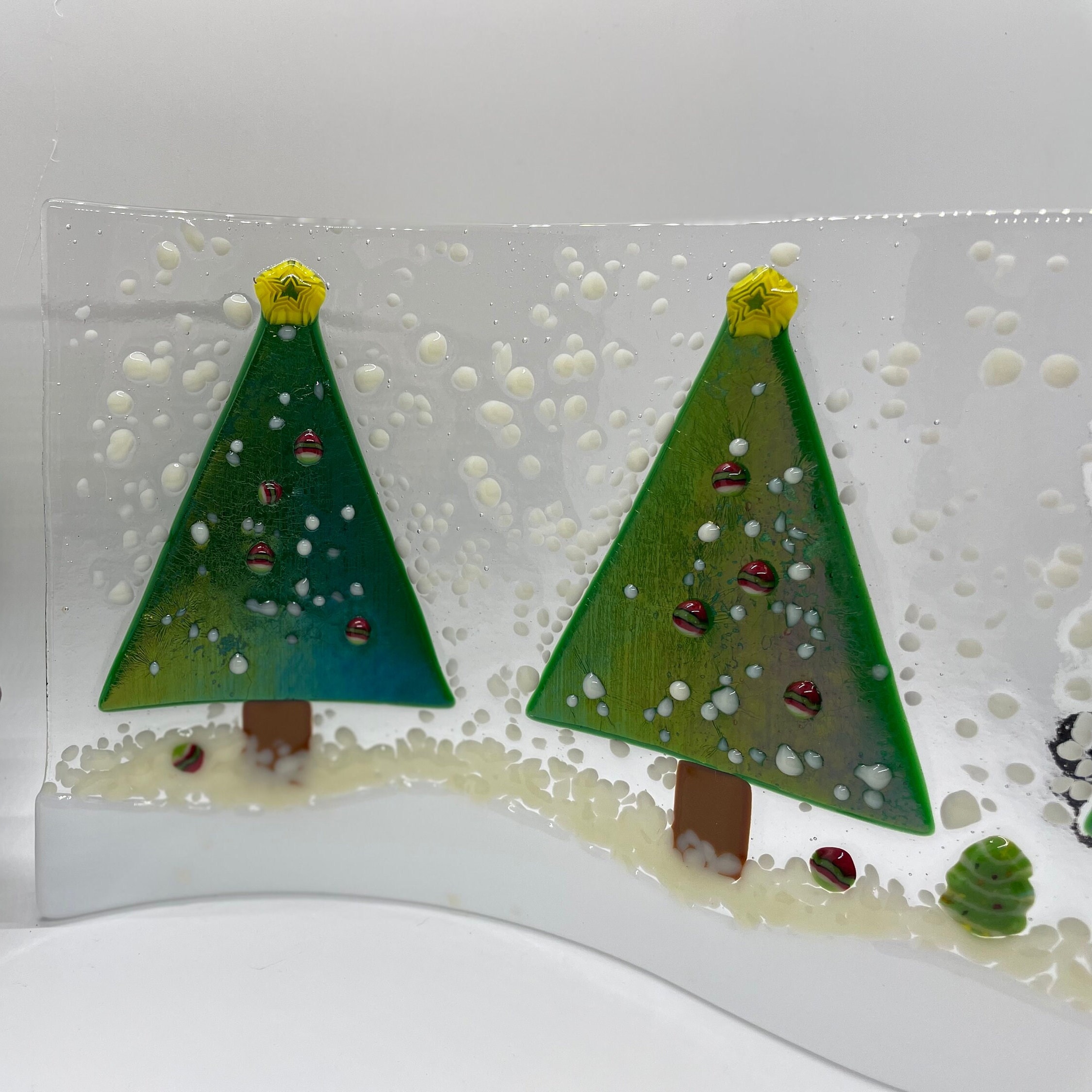 Curved Fused Glass Winter Scene Panel With Iridescent Christmas Trees ...