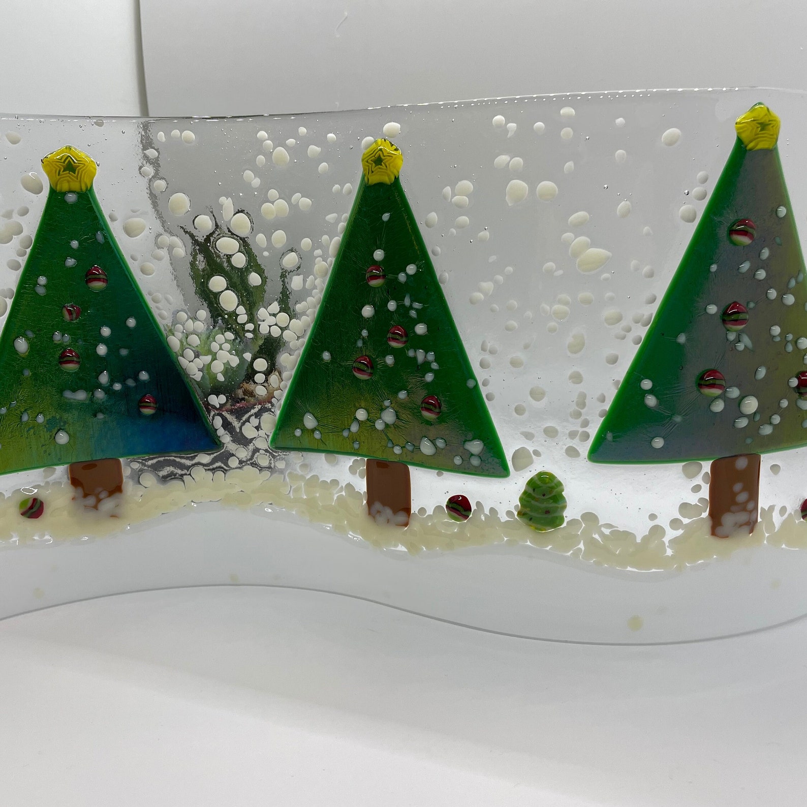 Curved Fused Glass Winter Scene Panel With Iridescent Christmas Trees ...