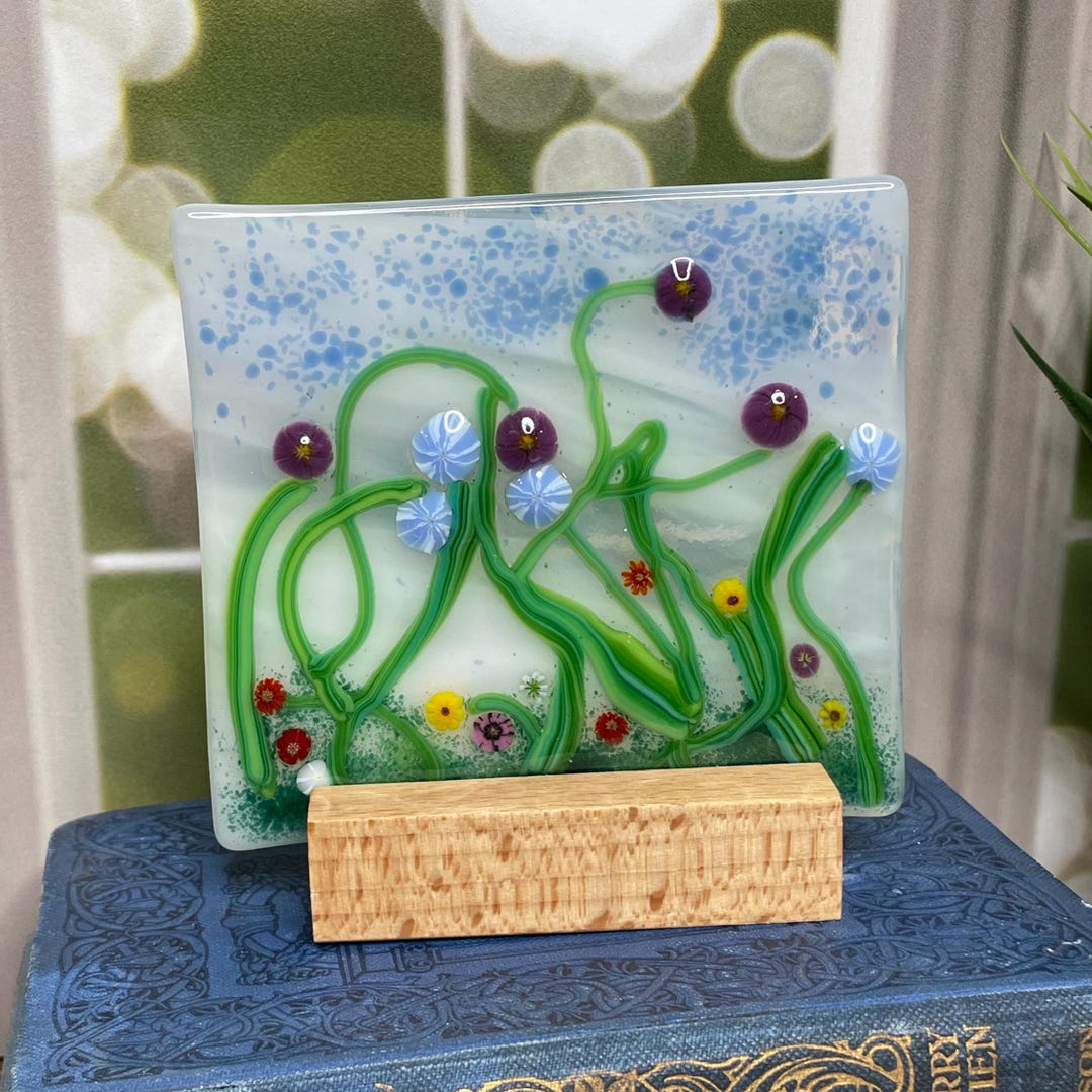 Fused Glass Panel With Wood Block Stand – Purple Flowers & Mixed ...