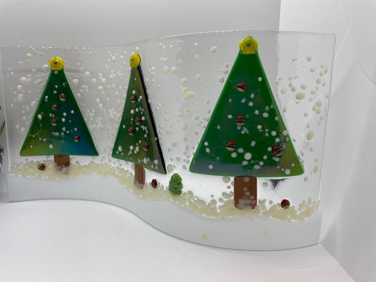 Curved Fused Glass Winter Scene Panel With Iridescent Christmas Trees ...