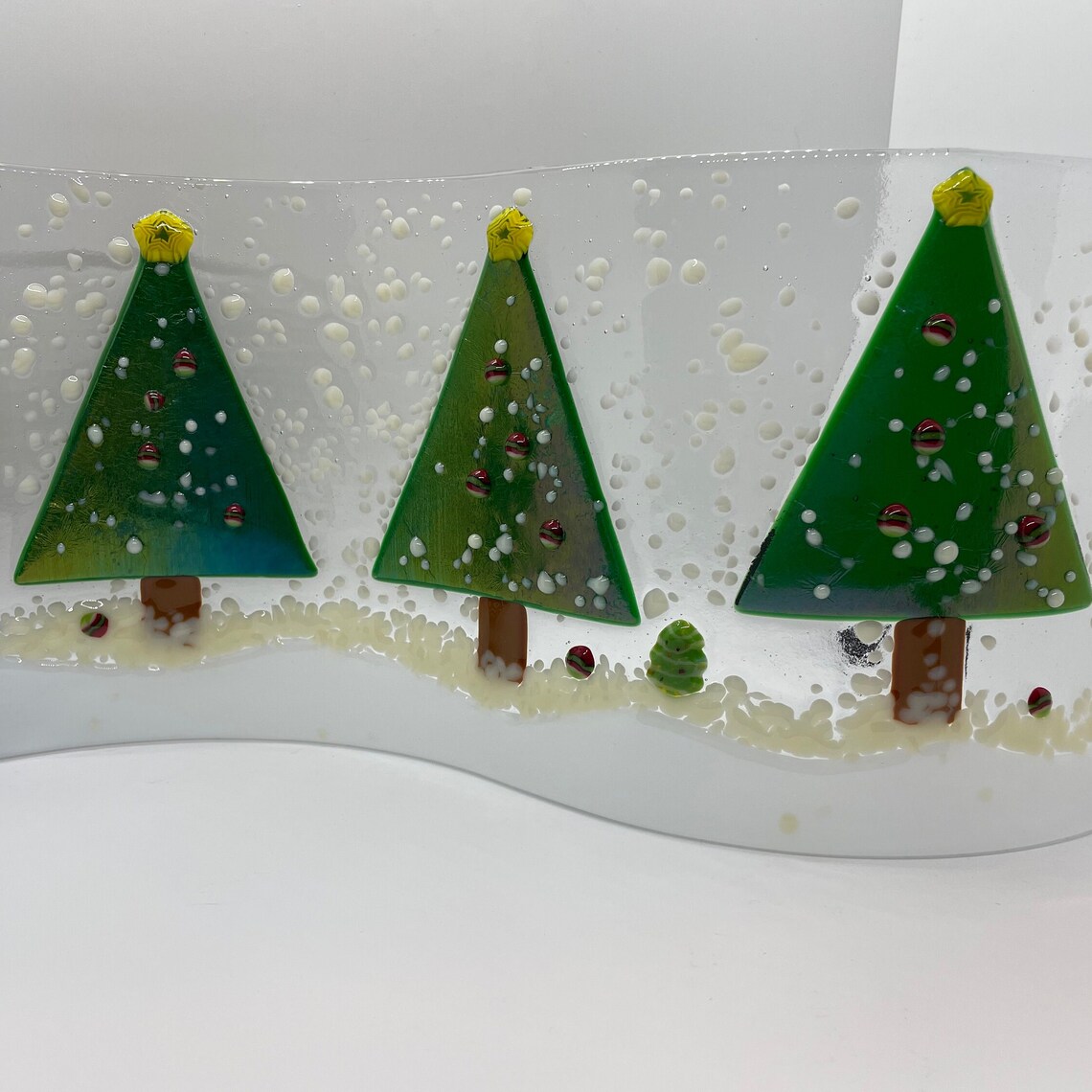 Curved Fused Glass Winter Scene Panel With Iridescent Christmas Trees ...