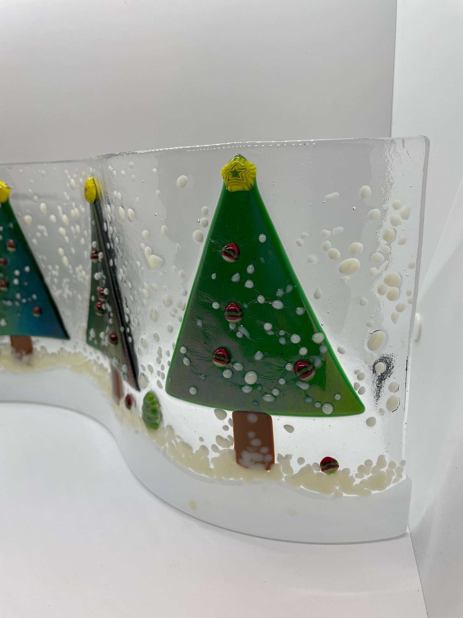 Curved Fused Glass Winter Scene Panel With Iridescent Christmas Trees ...