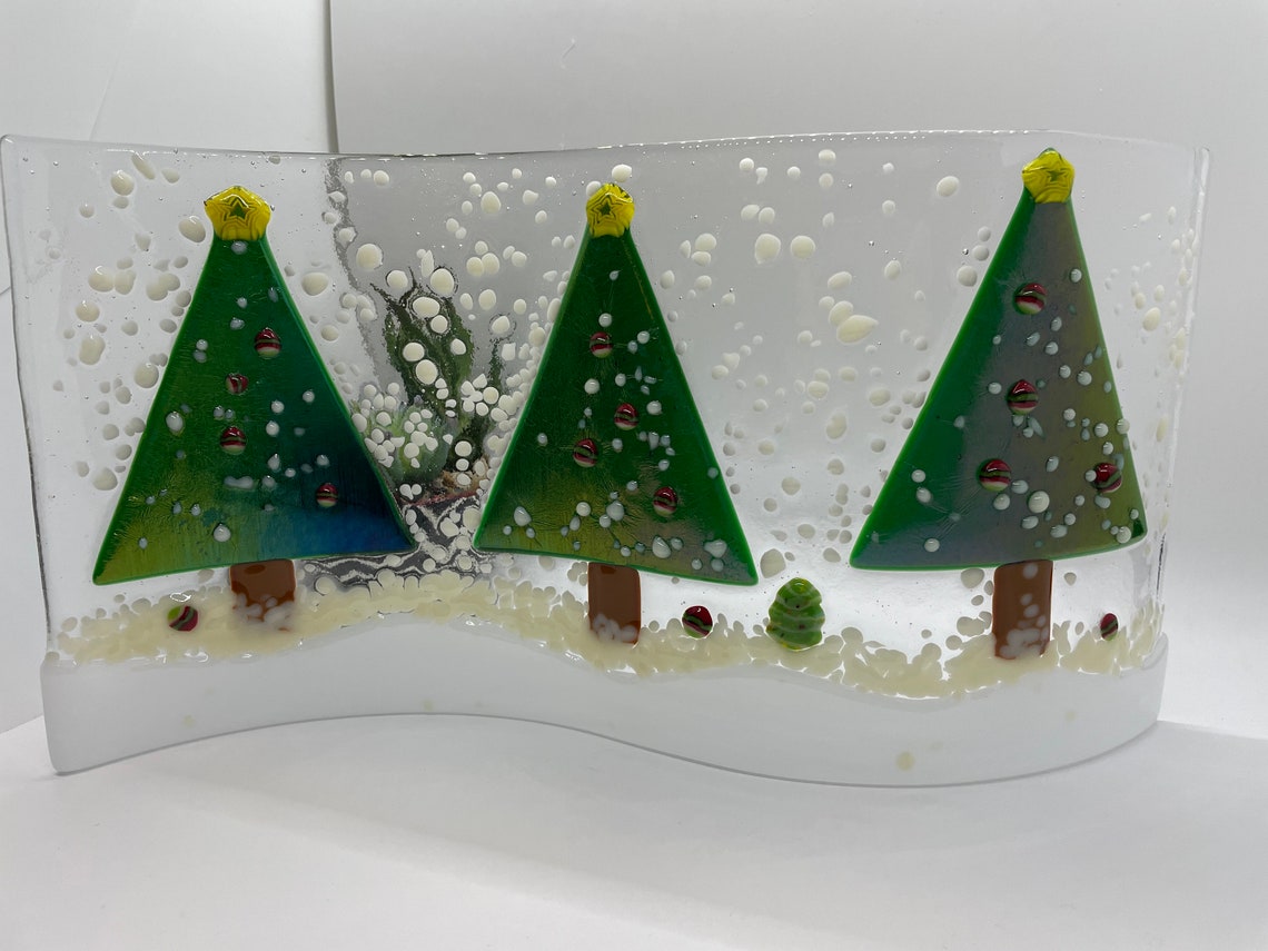 Curved Fused Glass Winter Scene Panel With Iridescent Christmas Trees ...