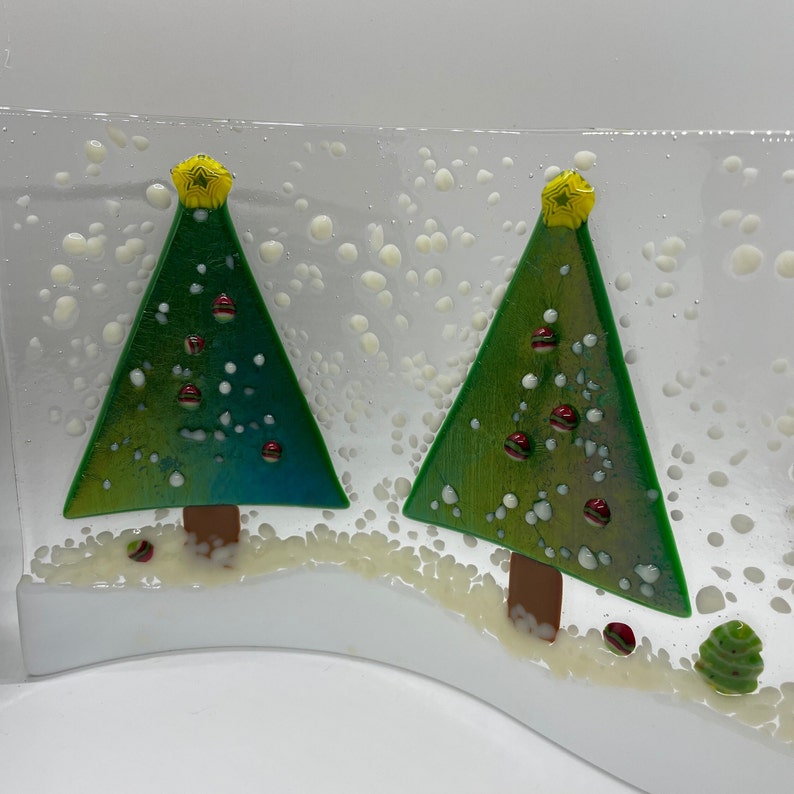 Curved Fused Glass Winter Scene Panel With Iridescent Christmas Trees ...