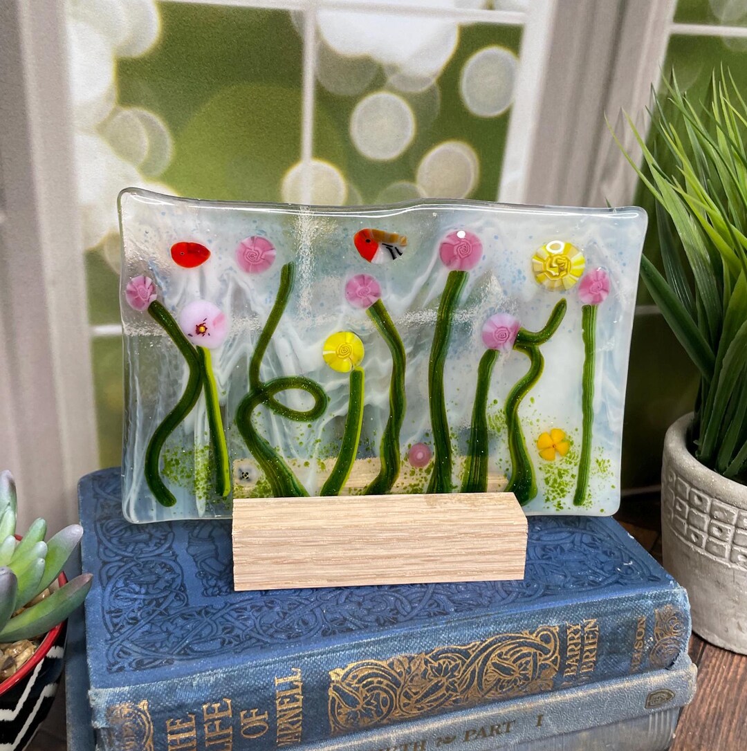 Fused Glass Panel With Wood Block Stand – Purple Flowers & Mixed ...
