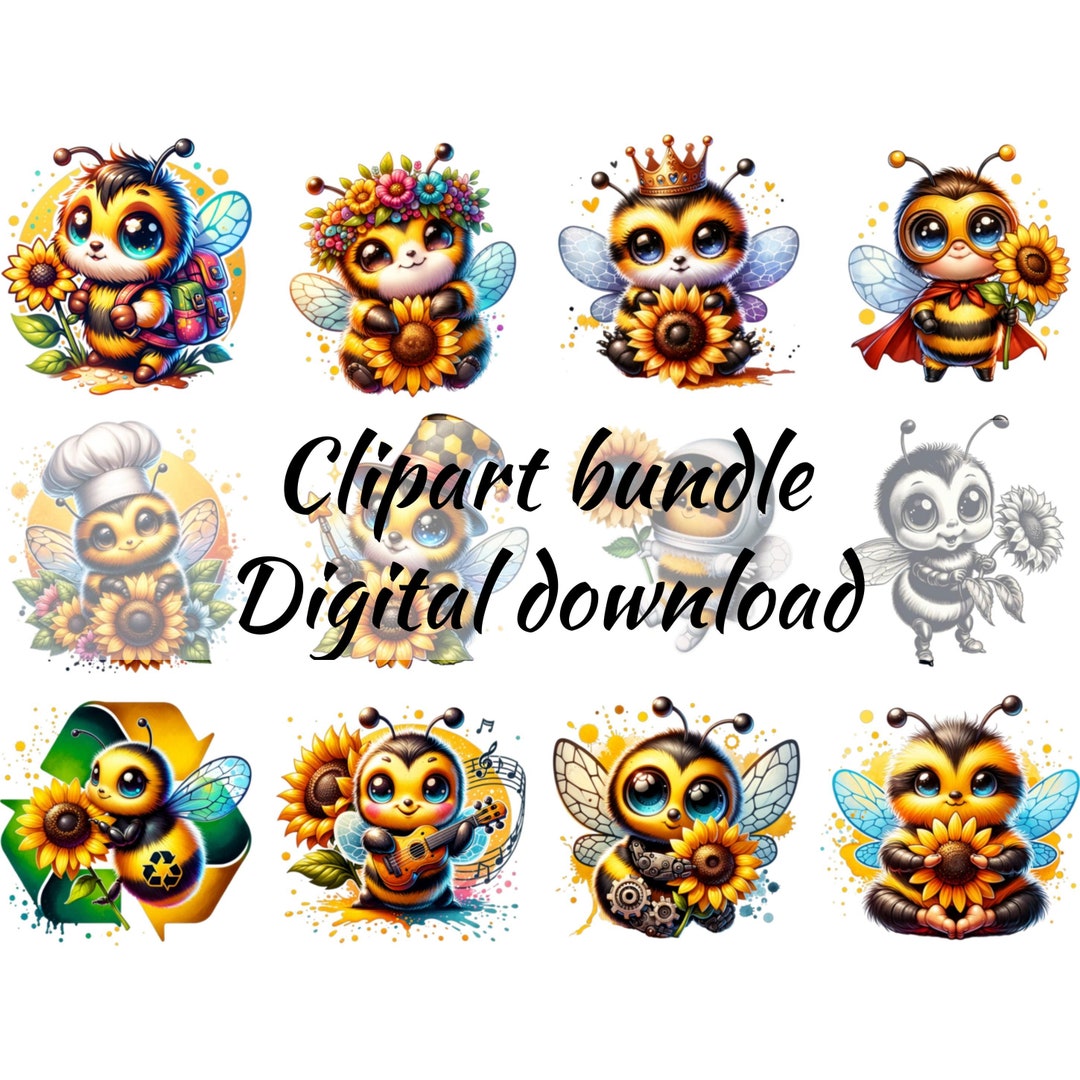 Bumblebees Clipart Bundle, Cute Bees Sunflower Bundle, Cute Bees Png ...