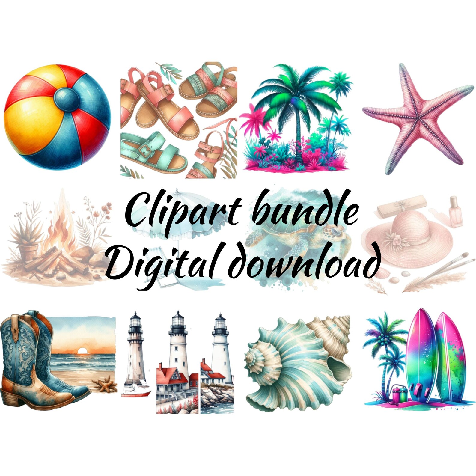 Summer Beach Day Clipart Set, a Beach Chair and Umbrella, a Pair of ...