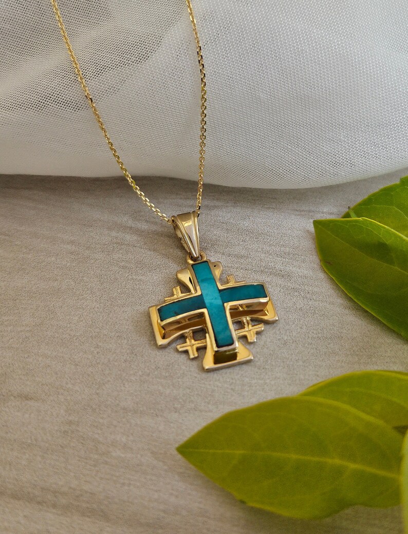 14k Gold Jerusalem Cross Pendant, Cross With Eilat Stone - Etsy