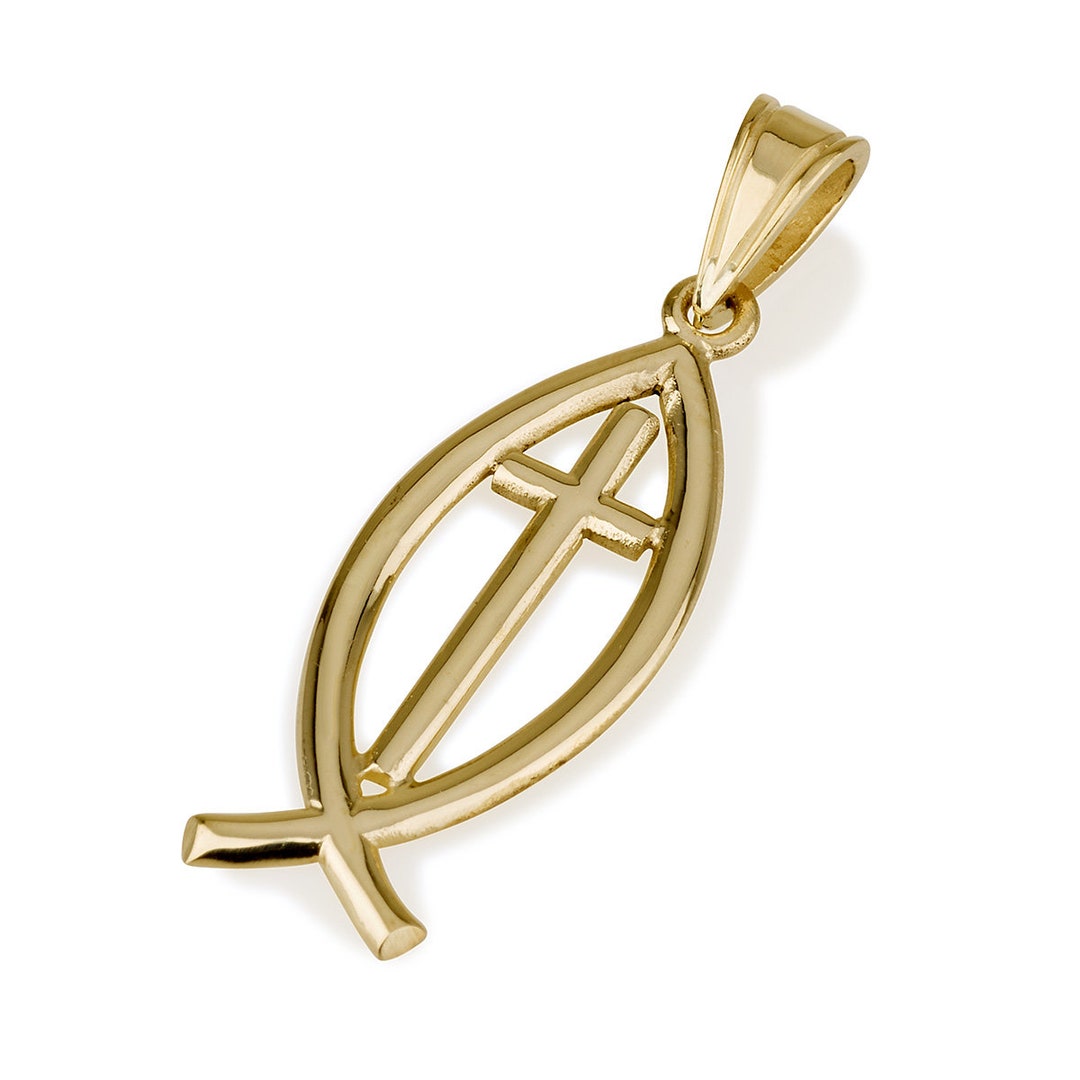 14k Gold Christian Fish Cross Pendant - Etsy