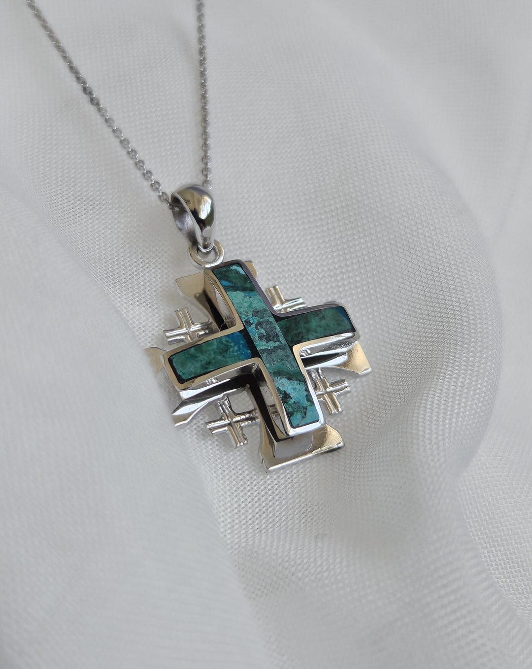 14k Gold Jerusalem Cross Necklace, Cross With Eilat Stone, Gift From ...