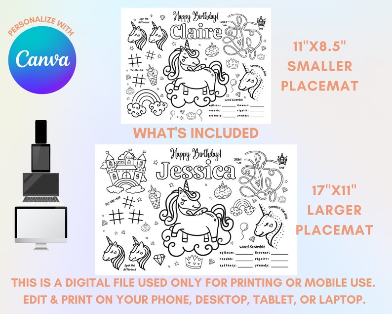 Unicorn Birthday Party Coloring Placemat, Personalized Coloring Page ...