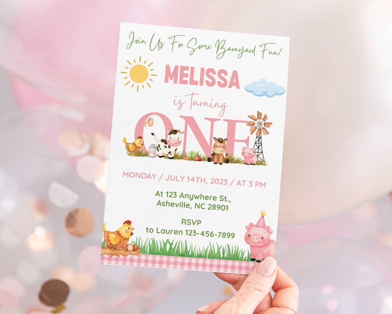 Editable Farm First Birthday Invitation, Girl Barnyard Theme Pink Party ...