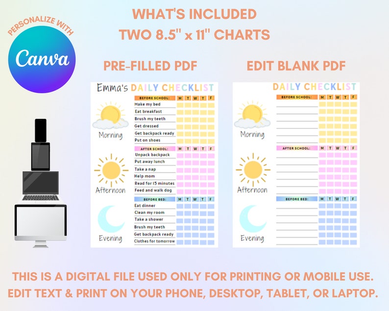 Editable Responsibility Chore Chart for Kids Teens, Daily Weekly Reward ...