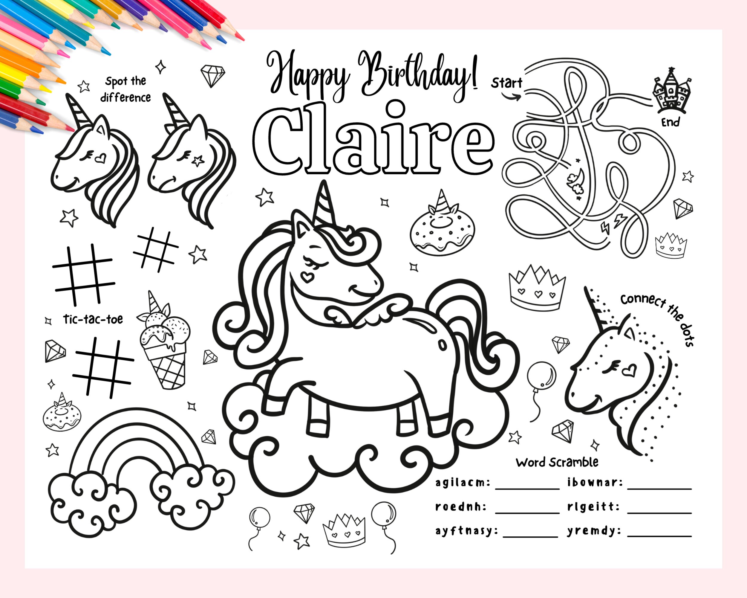 Unicorn Birthday Party Coloring Placemat, Personalized Coloring Page ...
