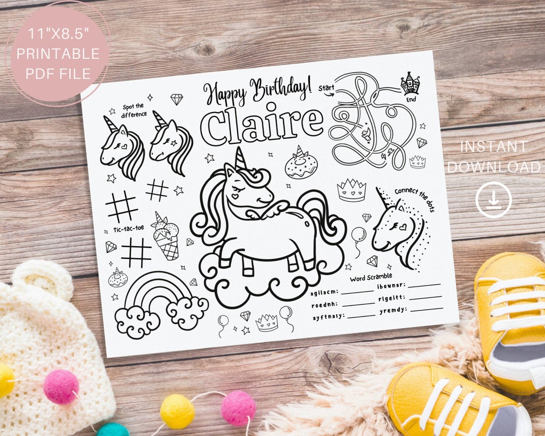 Unicorn Birthday Party Coloring Placemat, Personalized Coloring Page ...