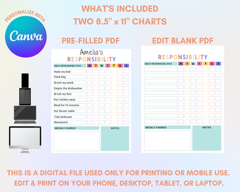Editable Responsibility Chore Chart for Kids Teens, Daily Weekly Reward ...