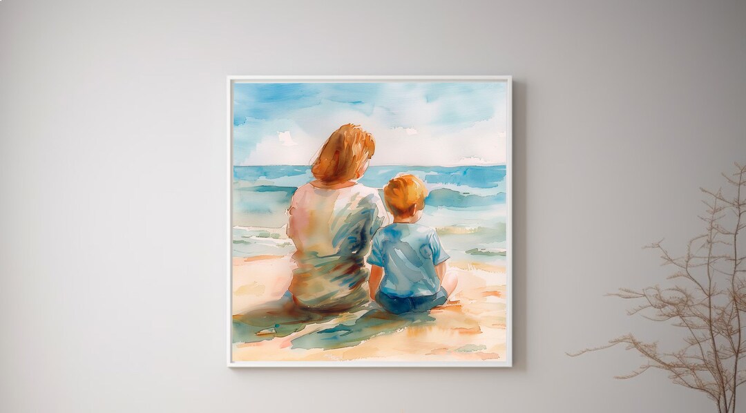 Mother and Son Beach Watercolor Print: Coastal Family Wall Art - Etsy