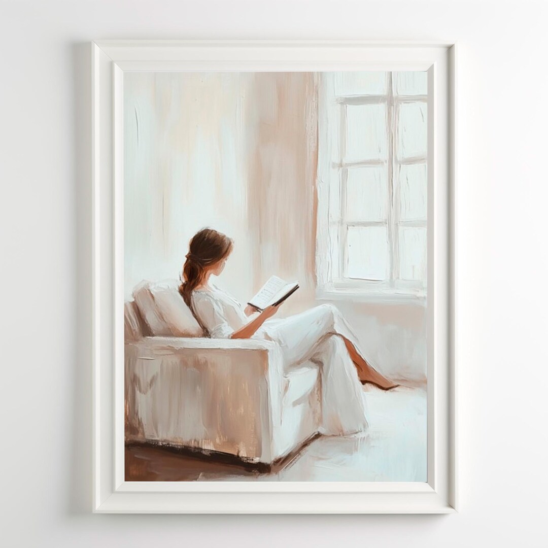 Woman Reading Art Print Cozy Reading Nook Minimalist Wall Art Neutral ...