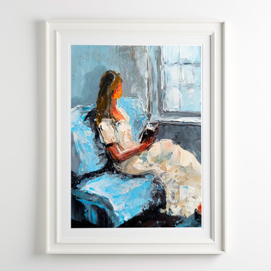 Woman Reading Poster Light Blue Wall Art Print Cozy Feminine Room Decor ...