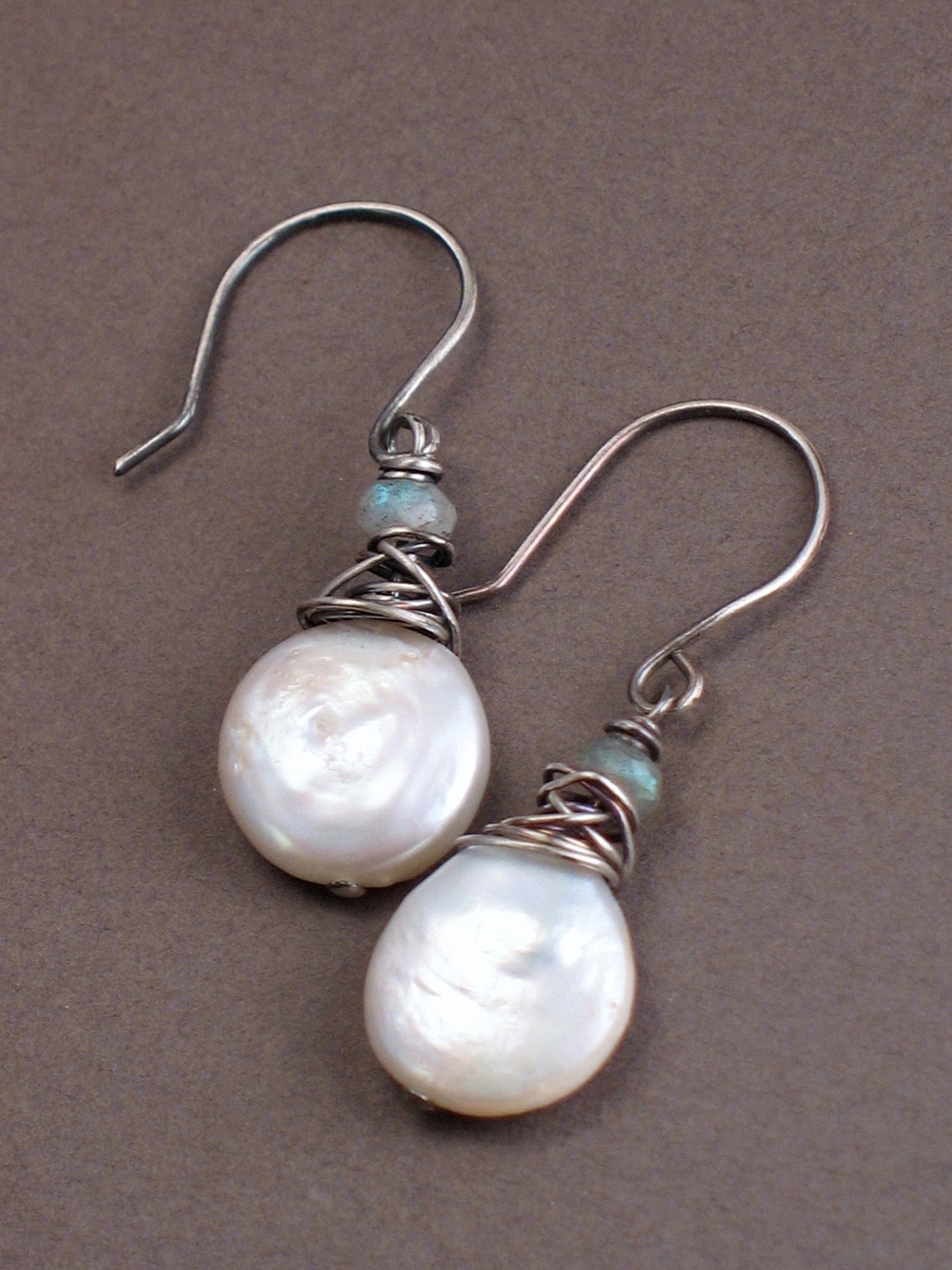Oxidized Sterling Silver Coin Pearl Necklace: Wire Wrapped Labradorite ...