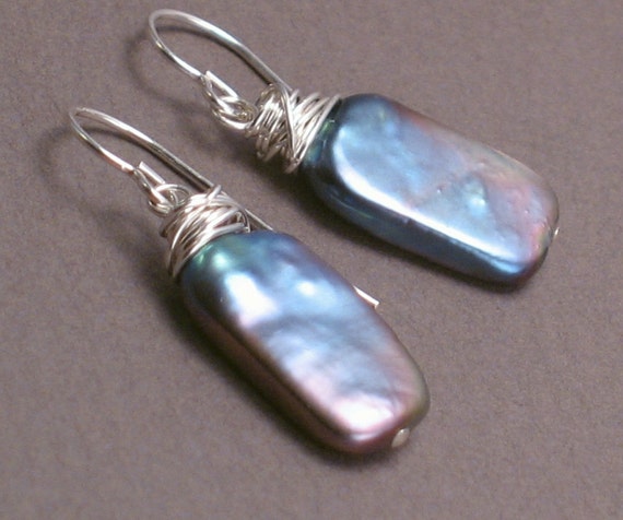 Cleo Peacock Blue Pearl Earrings On Sterling Silver Modern Etsy