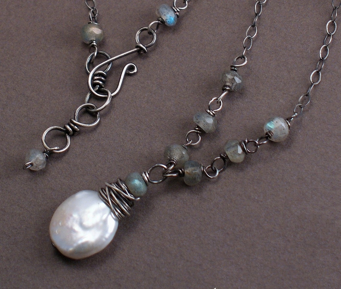 Oxidized Sterling Silver Coin Pearl Necklace: Wire Wrapped Labradorite ...
