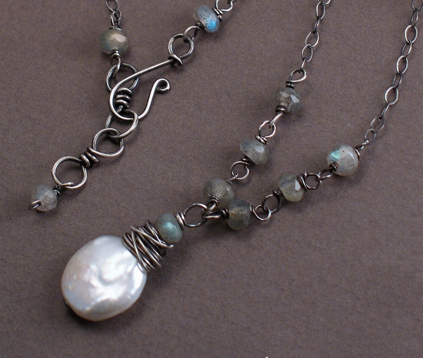 Oxidized Sterling Silver Coin Pearl Necklace: Wire Wrapped Labradorite ...