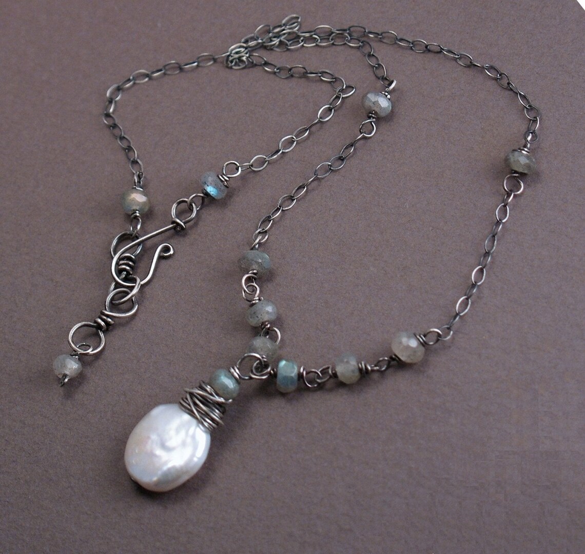 Oxidized Sterling Silver Coin Pearl Necklace: Wire Wrapped Labradorite ...