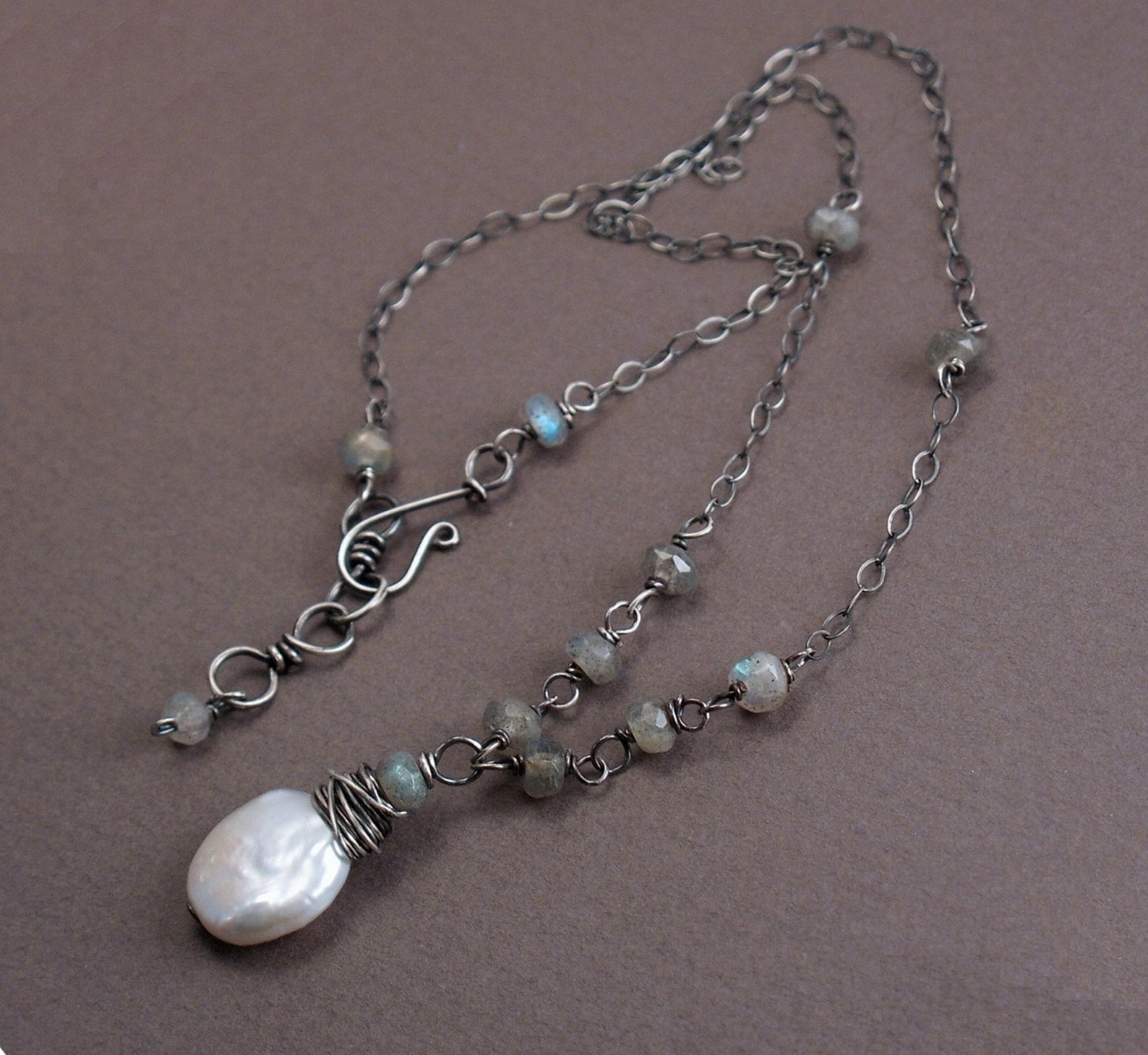 Oxidized Sterling Silver Coin Pearl Necklace: Wire Wrapped Labradorite ...