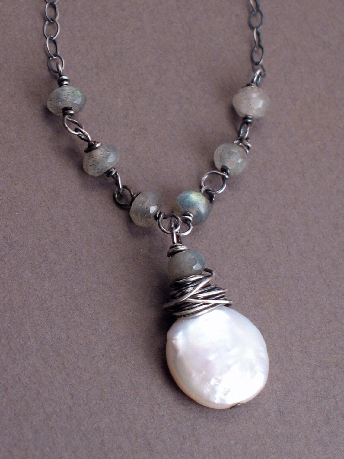 Oxidized Sterling Silver Coin Pearl Necklace: Wire Wrapped Labradorite ...