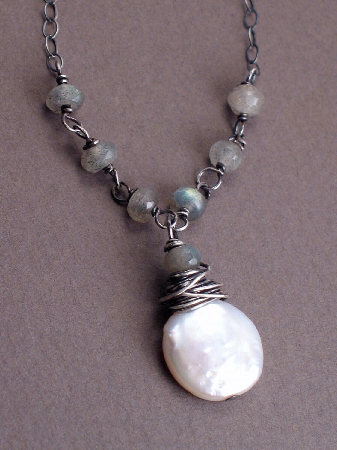 Oxidized Sterling Silver Coin Pearl Necklace: Wire Wrapped Labradorite ...